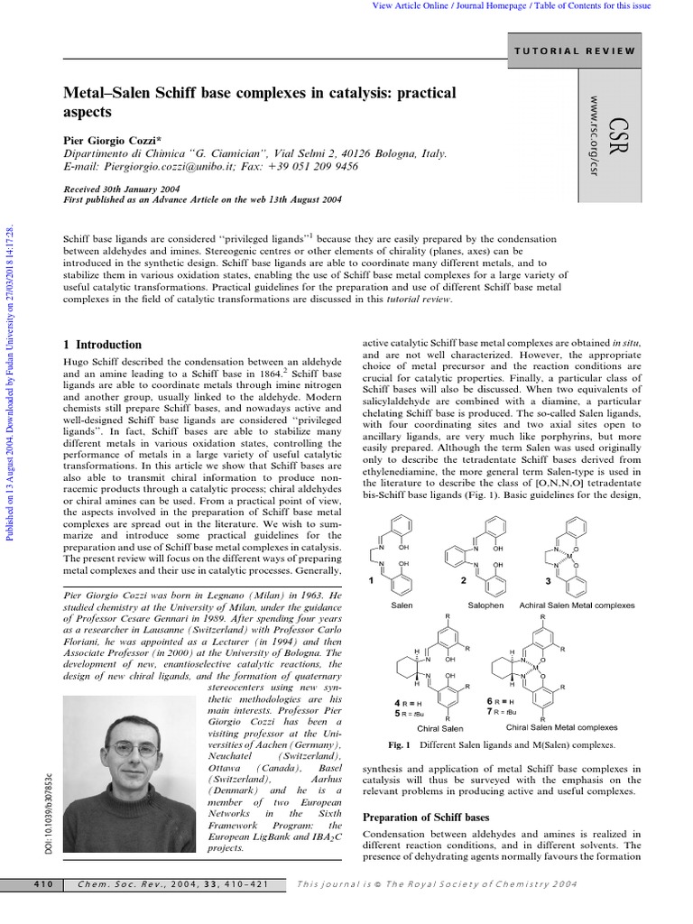 Metal-Salen Schiff Base Complexes in Catalysis: Practical Aspects | PDF ...