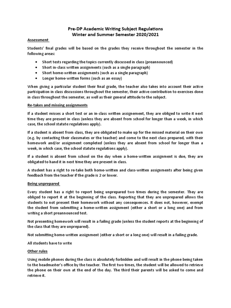 Pre-DP Academic Writing Regulations 2021 | PDF | Homework | Learning