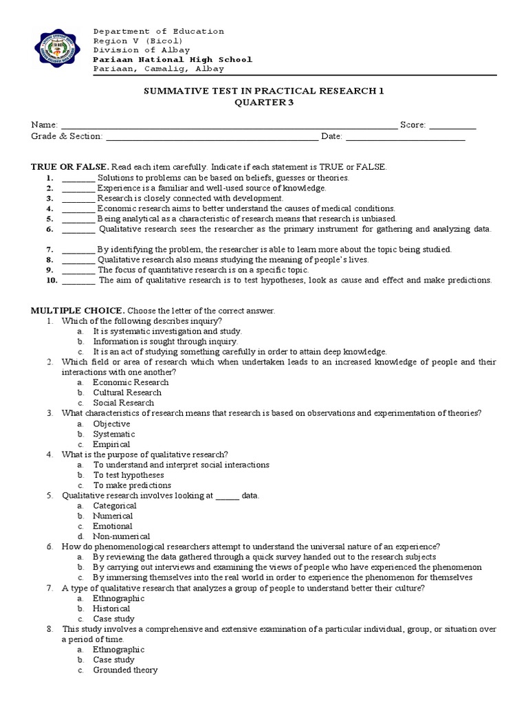 Practical Research 1 Summative Test | PDF | Qualitative Research | Science