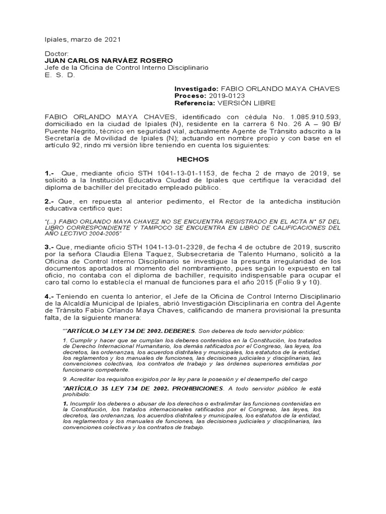 Versión Libre Fabio Orlando Maya Chaves | PDF | Jurisdicción | Servicio ...