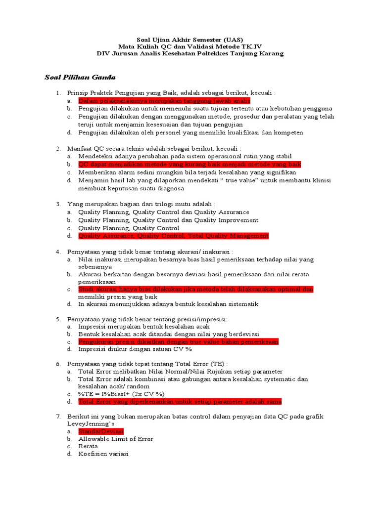 SOAL UAS QC Dan Validasi Metode DIV TK IV THN 2020 | PDF