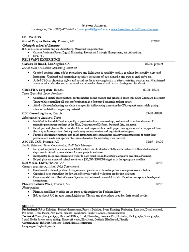Resume Steven Jimenez 2021 | PDF | Popular Culture & Media Studies ...