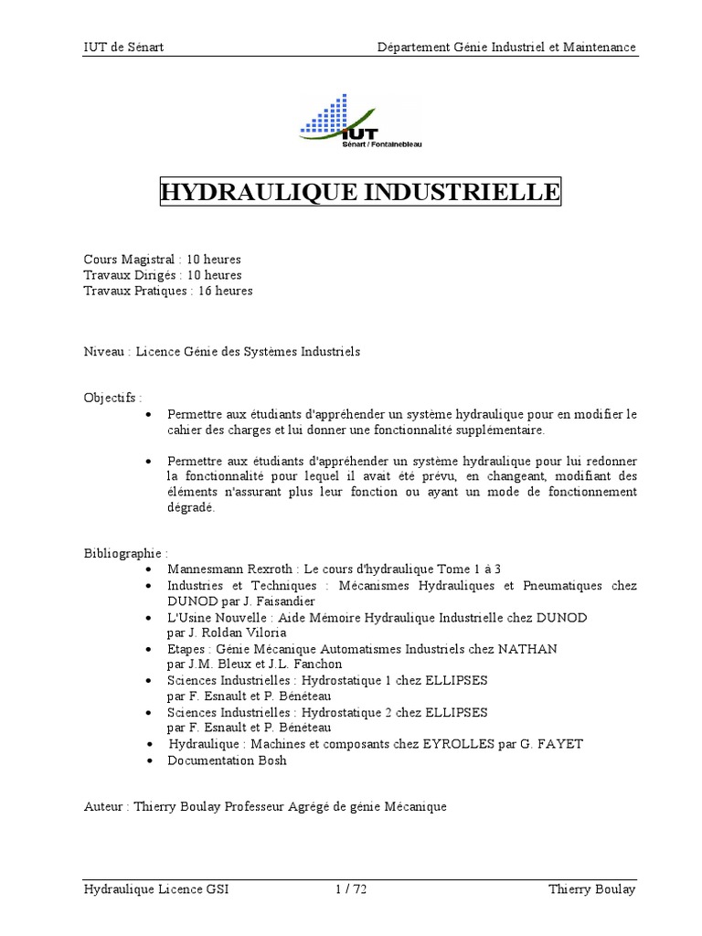 Cours Hydraulique Industrielle | PDF | Écoulement laminaire | Pression