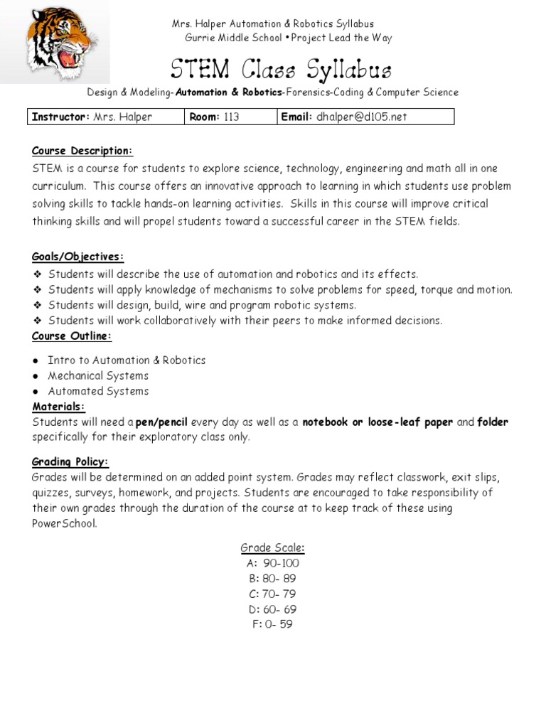 STEM Class Syllabus: Instructor: Mrs. Halper Room: 113 Course ...