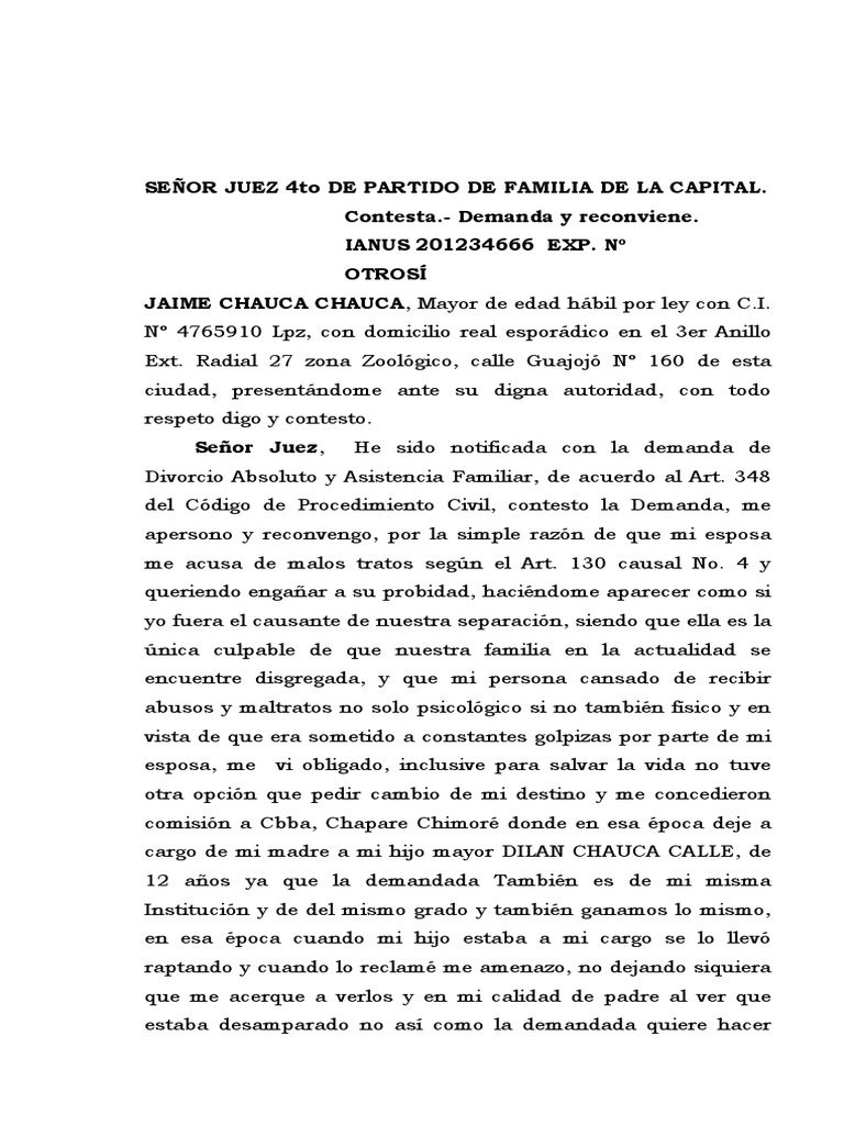 Contesta y Reconviene Demanda de Divorcio Jaime Chauca | PDF ...