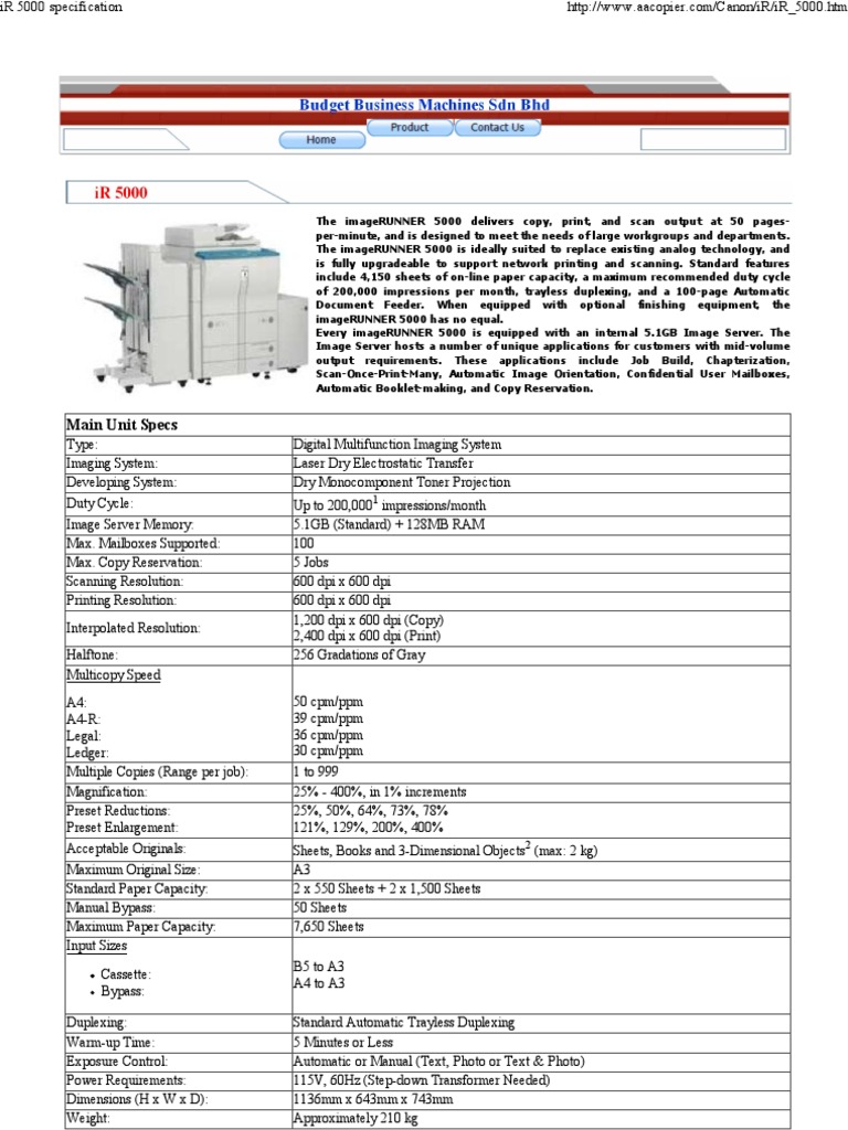 Ir 5000 Specification | PDF | Printer (Computing) | Media Technology