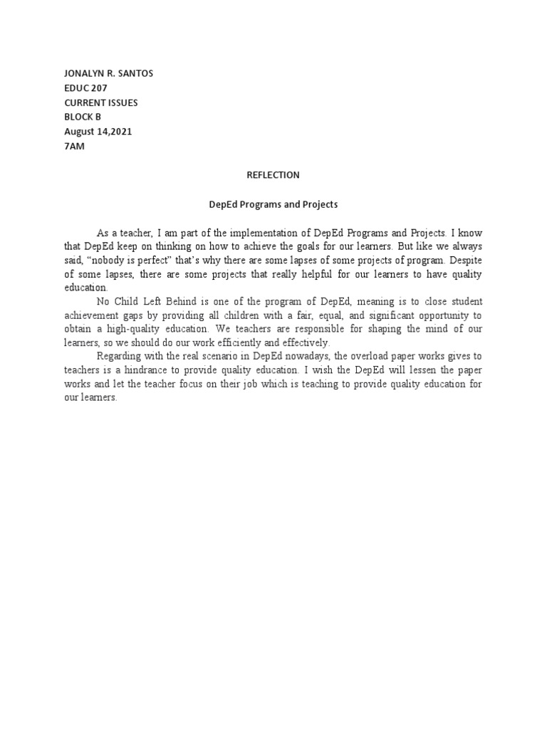 Jonalyn R. Santos, Reflection Deped Programs&Projects | PDF