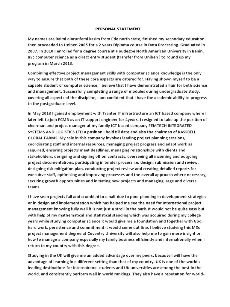 Coventry PERSONAL STATEMENT (Project Management) | PDF | Academic ...