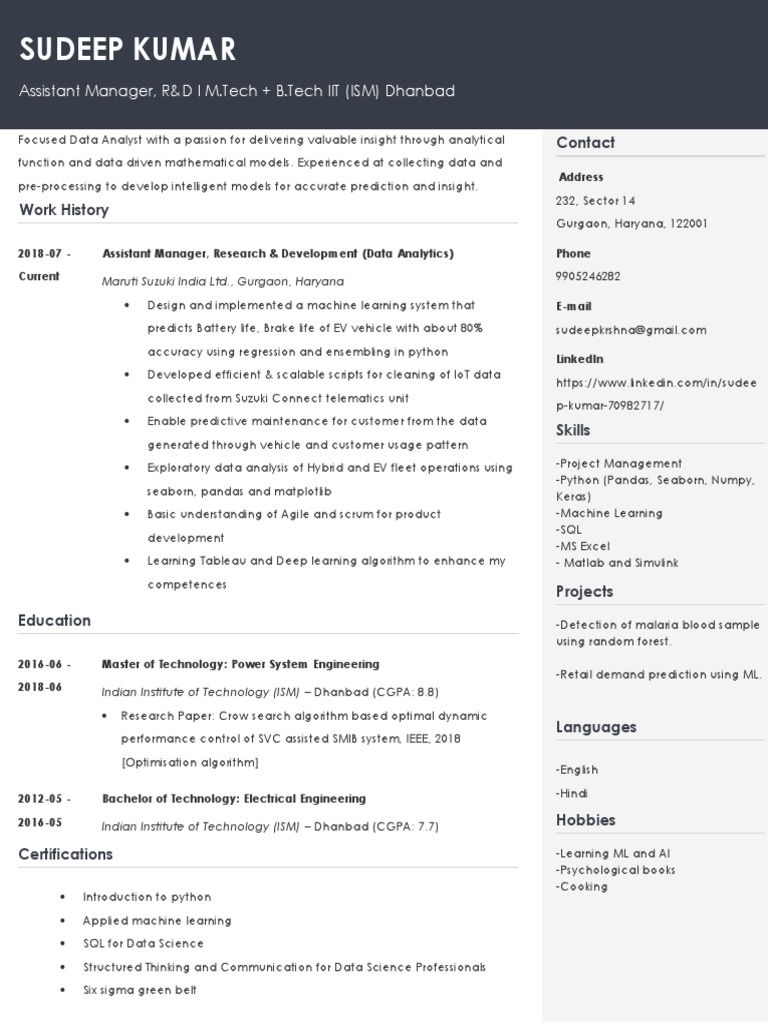 Sudeep Kumar: Contact | PDF | Machine Learning | Data Analysis