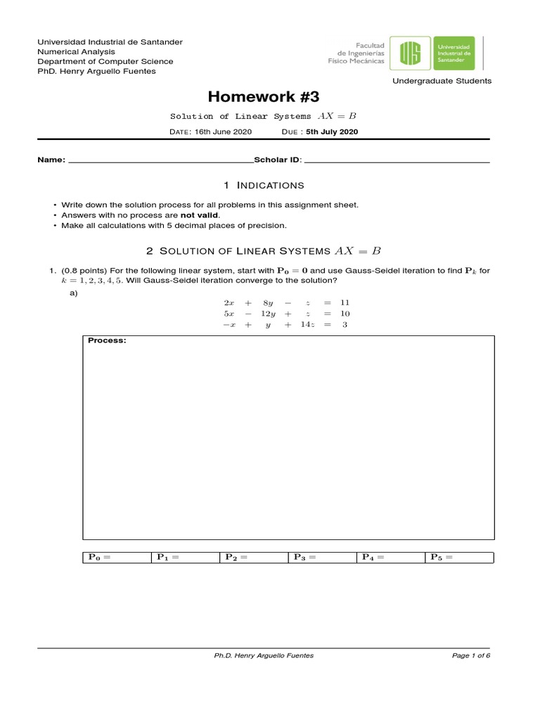 UIS Numerical Analysis Homework #3 Solution | PDF | System Of Linear Equations | Algebra
