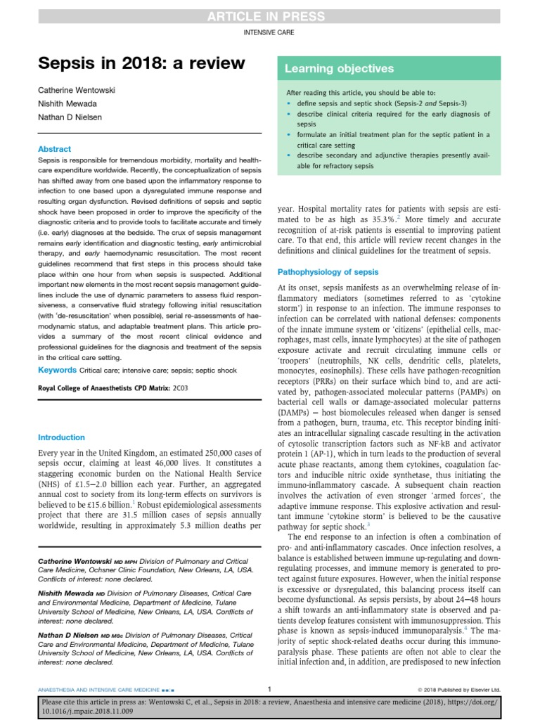 Sepsis in 2018: A Review: Learning Objectives | PDF | Sepsis | Shock ...