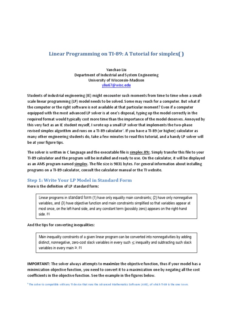 A Handy Linear Programming Solver for TI-89 Calculators: A Step-by-Step Tutorial for Using the ...