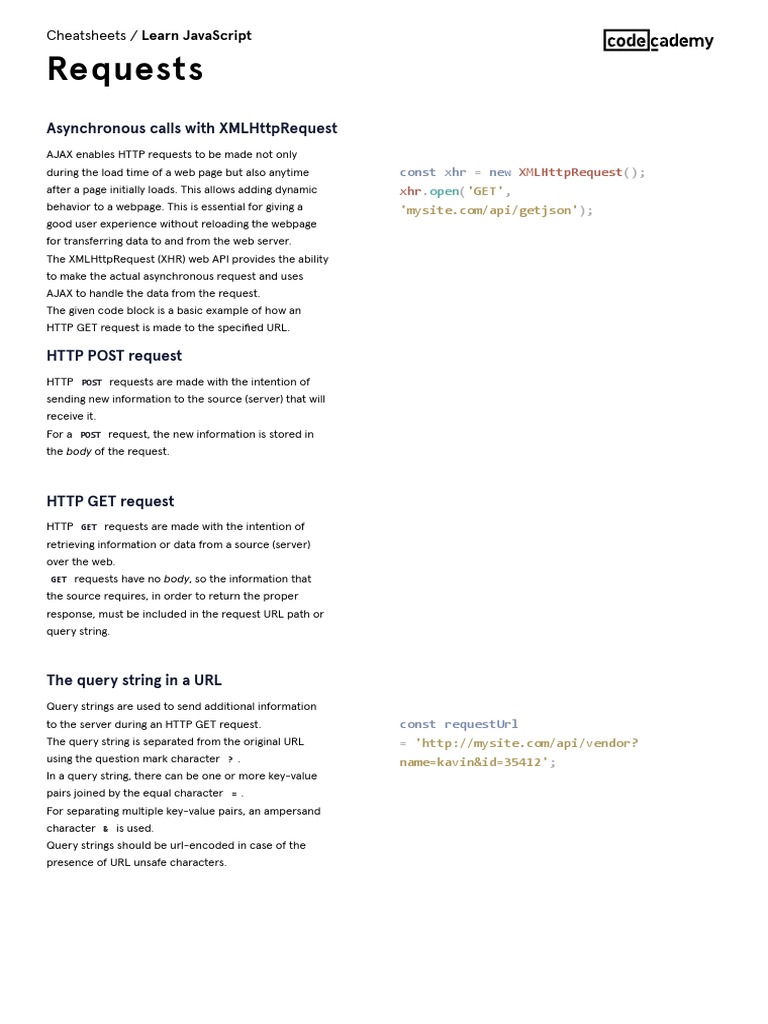 Learn JavaScript - Requests Cheatsheet - Codecademy | PDF | Ajax ...