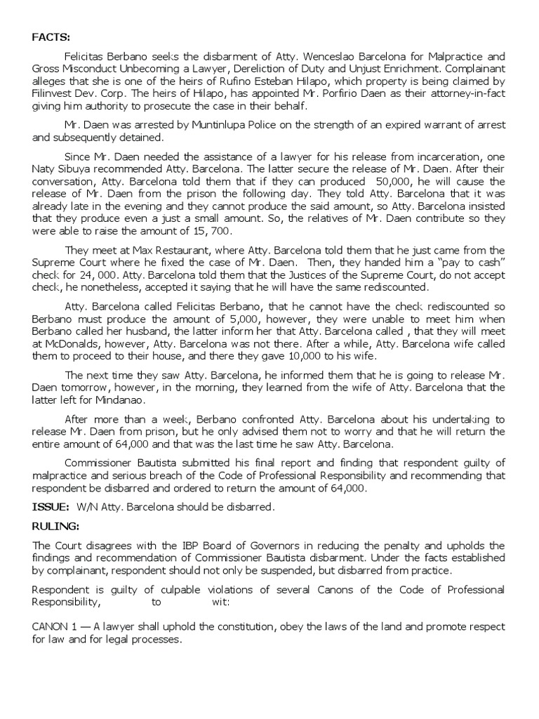 Facts:: ISSUE: W/N Atty. Barcelona Should Be Disbarred. Ruling | PDF ...
