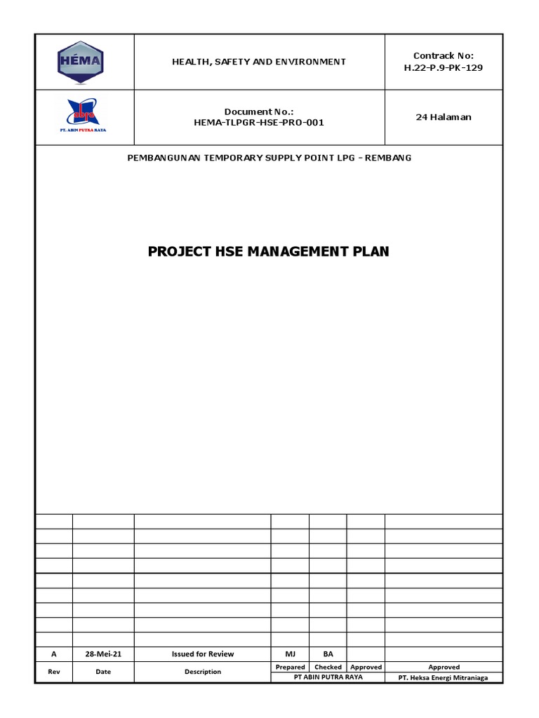 HEMA-TLPGR-HSE-PRO-001, Project HSE Plan | PDF | Safety | Occupational Safety And Health