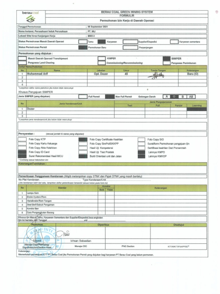 Form Permohonan Simper PT. MIJ - Muhammad Arif | PDF