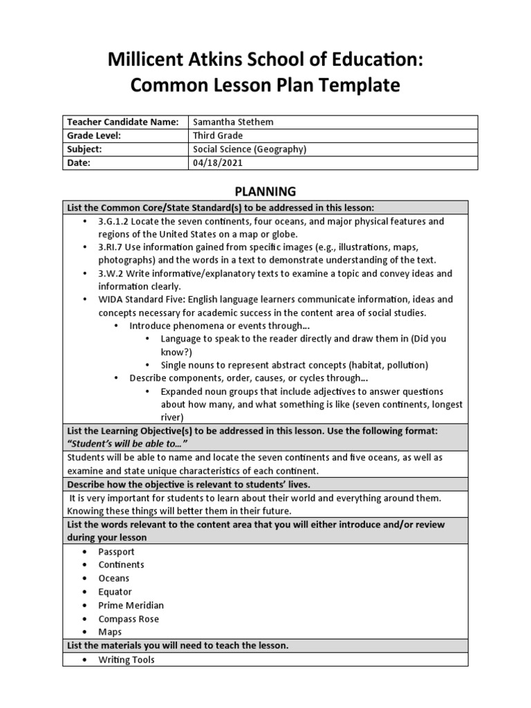 Millicent Atkins School of Education: Common Lesson Plan Template | PDF ...
