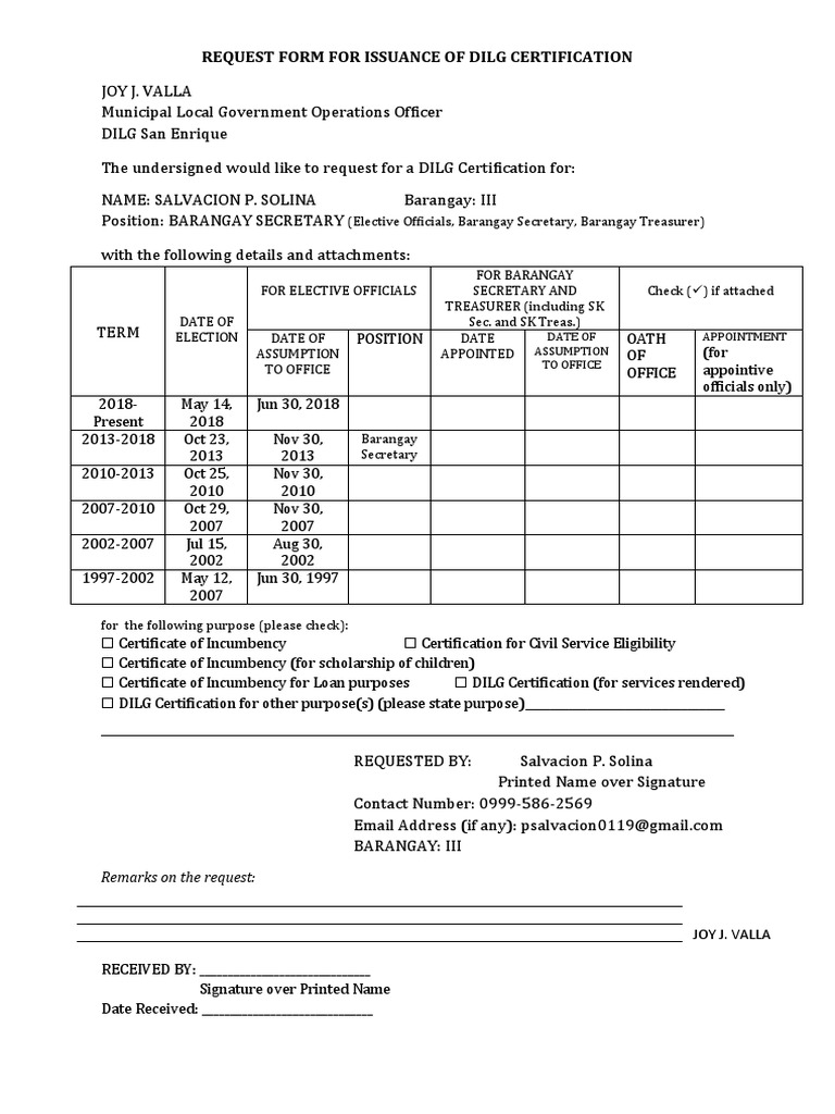 Request Form For Issuance of Dilg Certification: Remarks On The Request ...