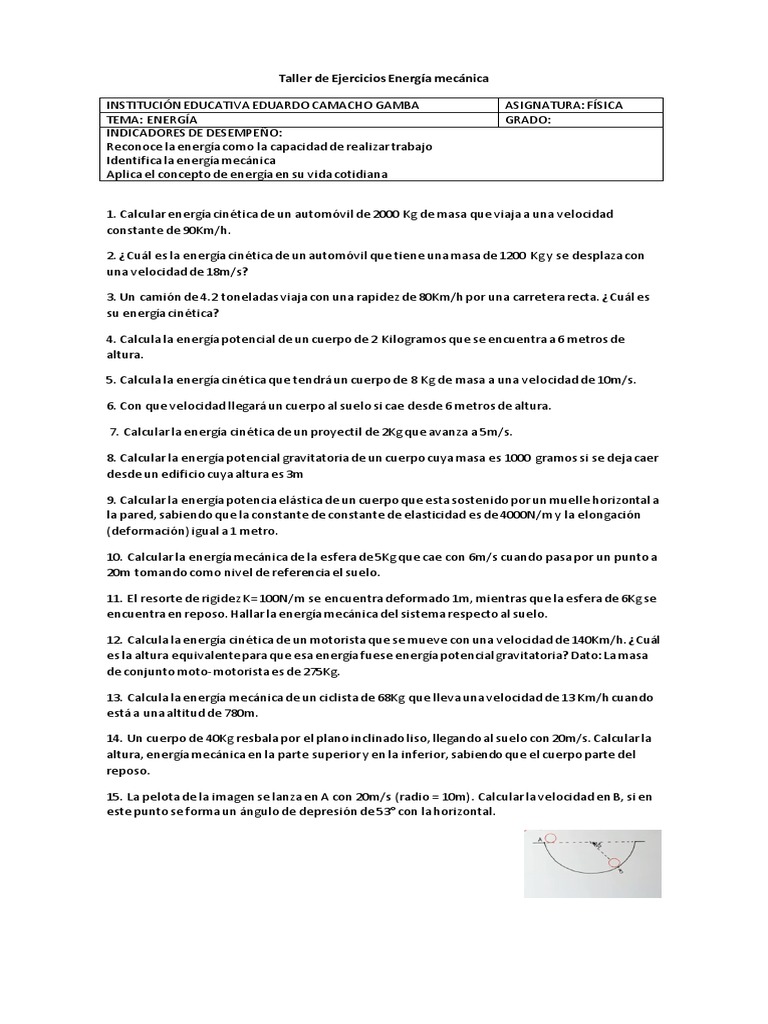 Ejercicios de Energía Mecánica para Secundaria | PDF | Energía cinética ...