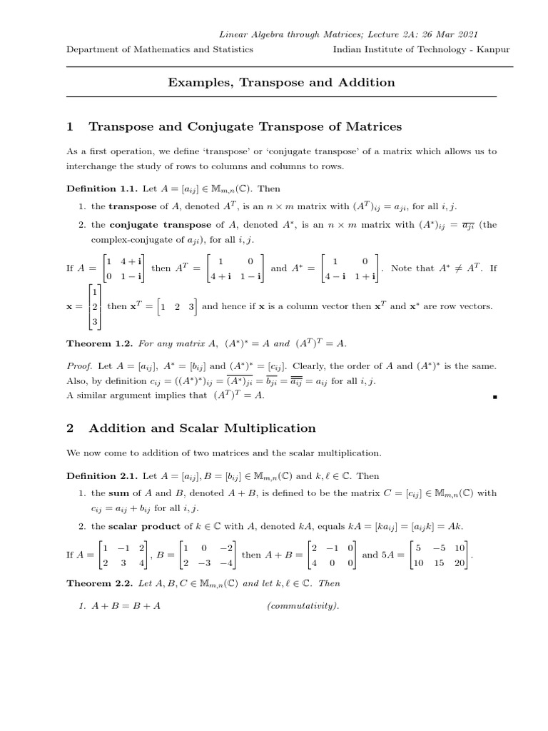 Examples, Transpose and Addition: Ij M, N T T Ij Ji Ij Ji Ji | PDF ...