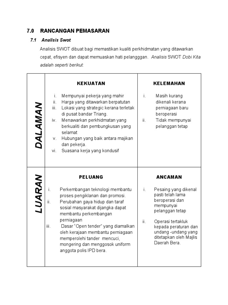 Contoh Rancangan Pemasaran Kedai Dobi | PDF