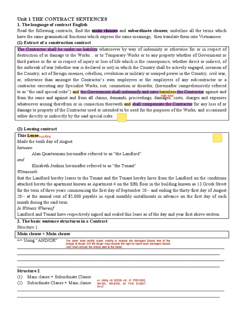 Unit 1 The Contract Sentences: Between and | PDF | Indemnity | Arbitration