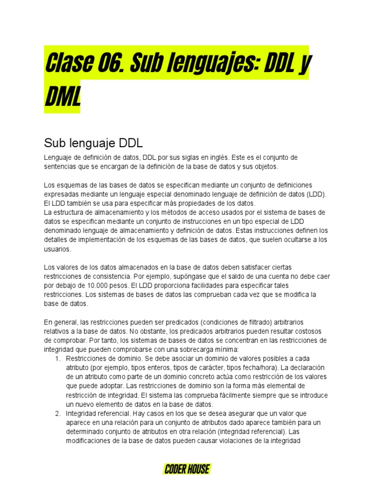 Clase 06 - Sublenguajes - DDL y DML | PDF | SQL | Bases de datos
