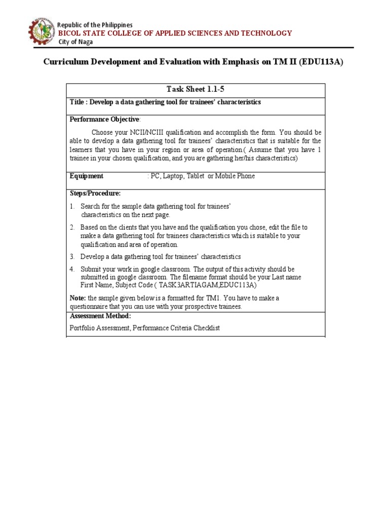 TASK SHEET 3 Develop A Data Gathering Tool For Trainees' Characteristics | Download Free PDF ...