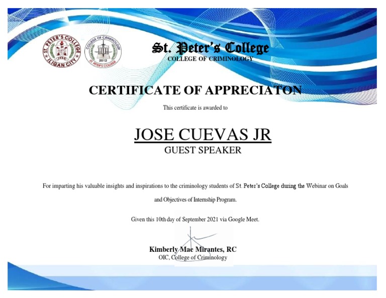 Jose Cuevas JR: T. Peter's College | PDF