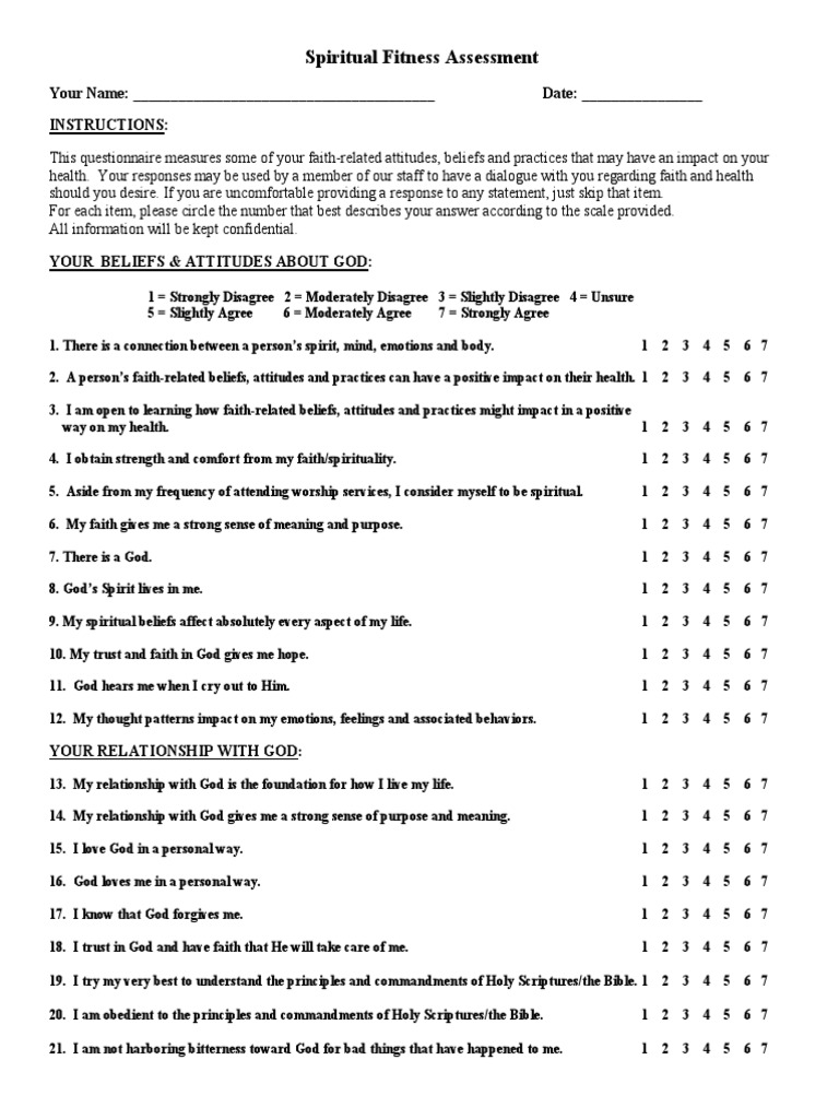 Spiritual Fitness Assessment: Your Name: - Date: - Instructions | PDF ...