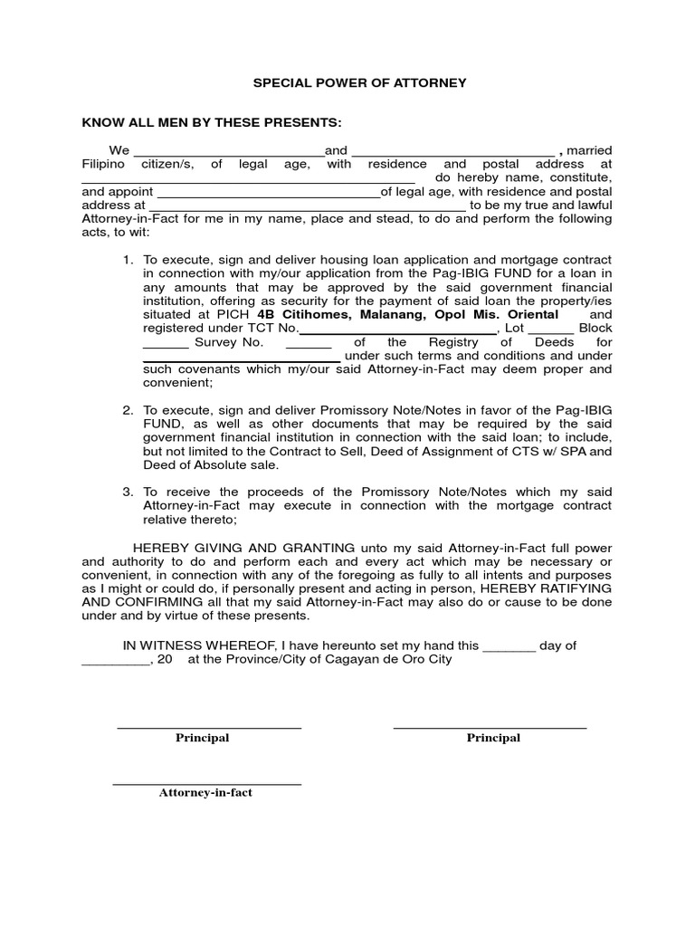 SPA - PAG-IBIG - FORMAT - Married | PDF | Power Of Attorney | Mortgage Law