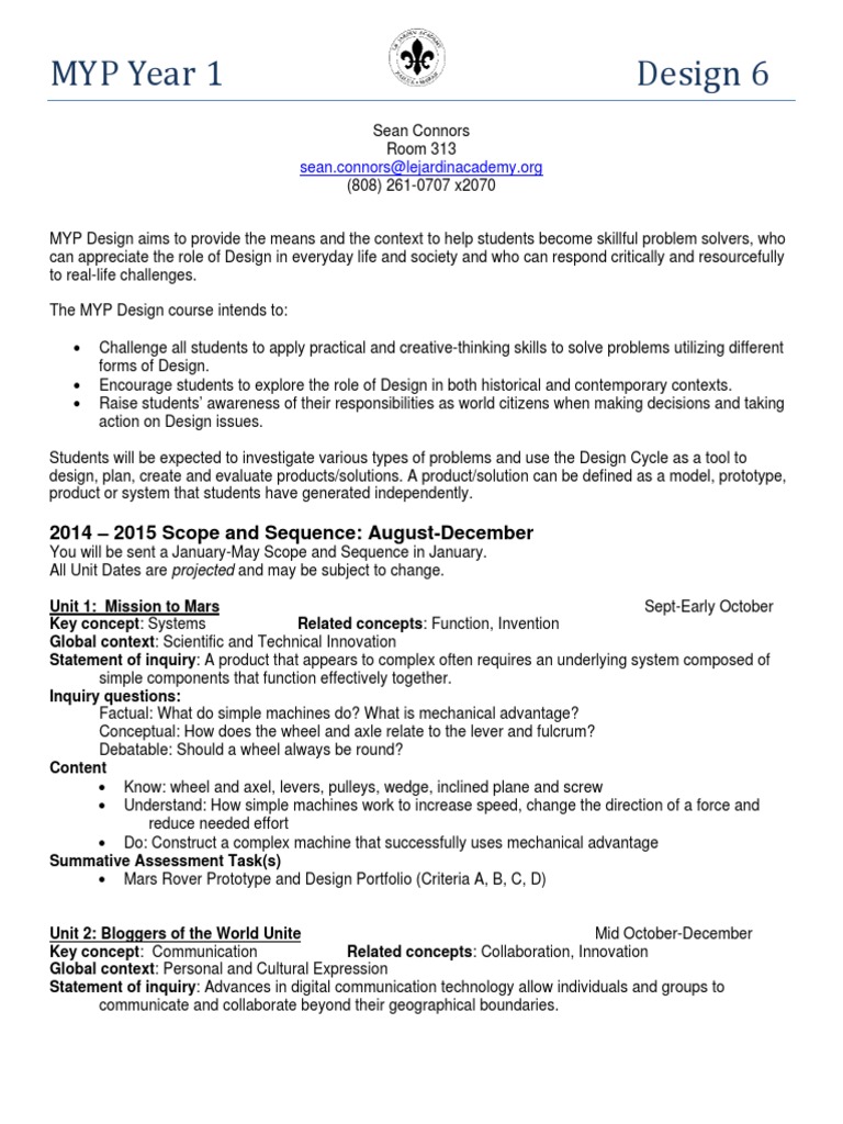 Myp Year 1 Design 6: 2014 - 2015 Scope and Sequence: August-December ...