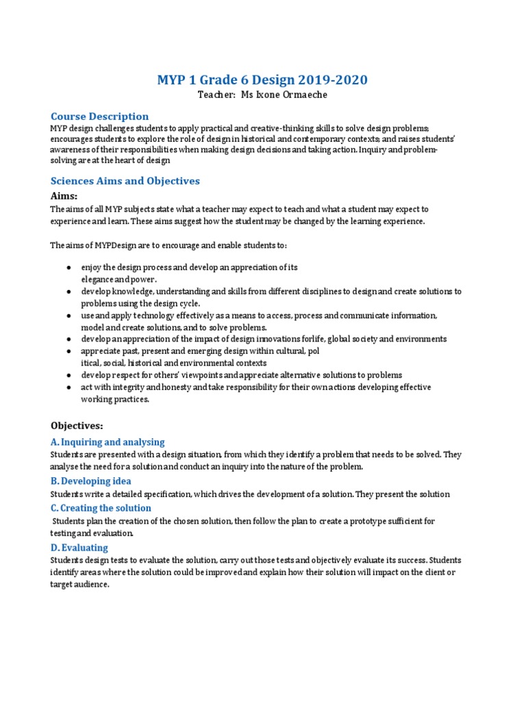 MYP 1 Grade 6 Design 2019-2020: Course Description | PDF | Educational ...