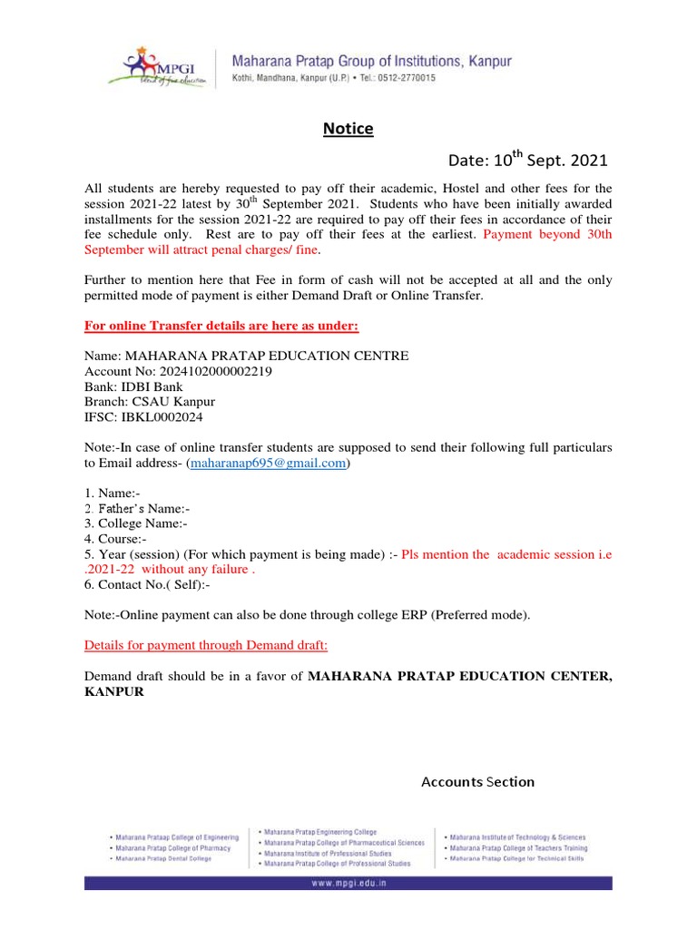 Fees Notice Session 21-22 | PDF | Finance & Money Management