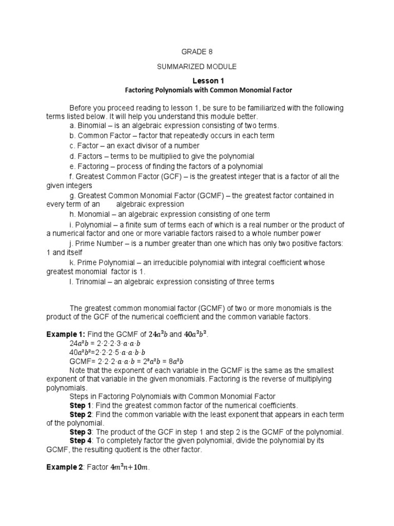 Grade 8 Summarized Module | PDF | Factorization | Polynomial