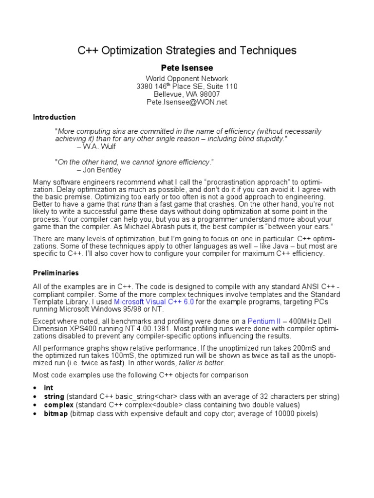 C Optimization Strategies And Techniques Pete Isensee Pdf