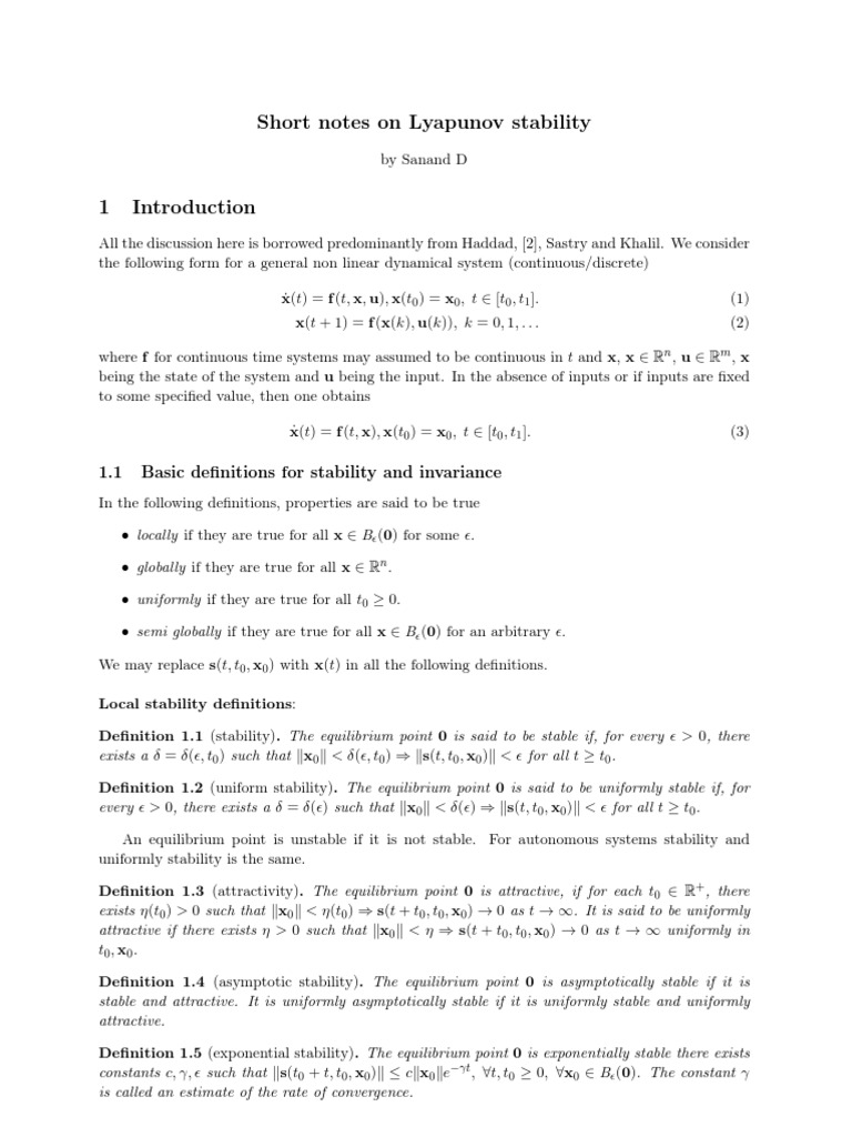 Short Notes On Lyapunov Stability: 1.1 Basic Definitions For Stability ...