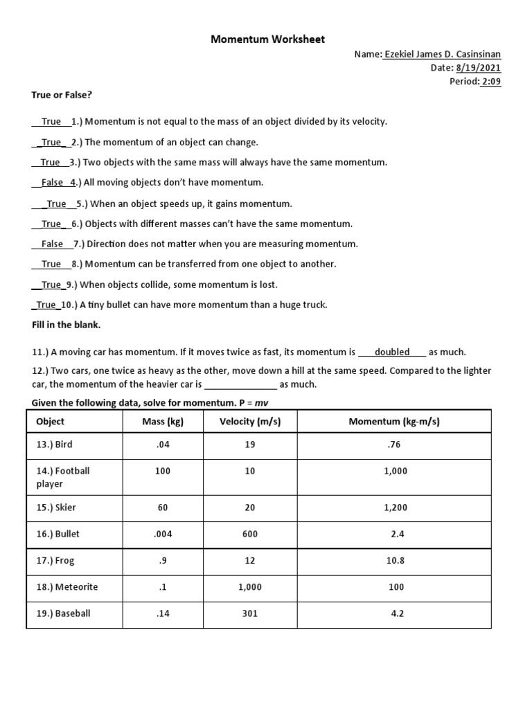 Momentum Worksheet: True or False? | PDF | Momentum | Mass
