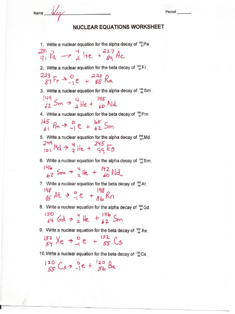Nuclear Equations Worksheet Key | PDF