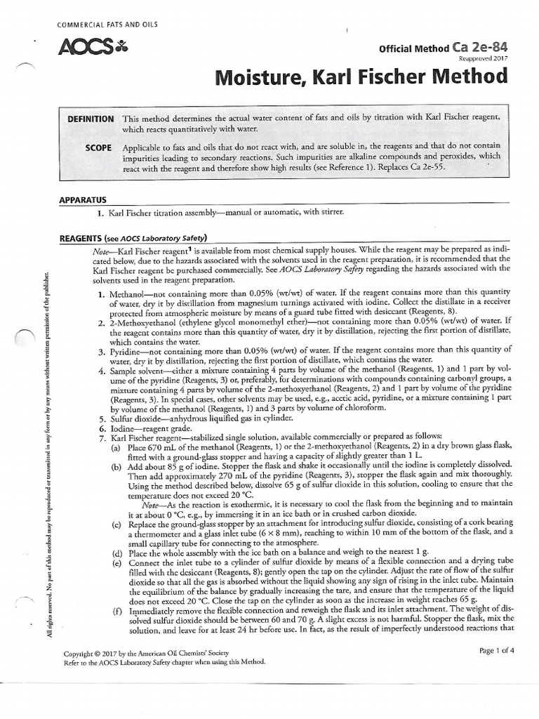 AOCS CA 2e-84 Moisture, Karl Fischer Method | PDF