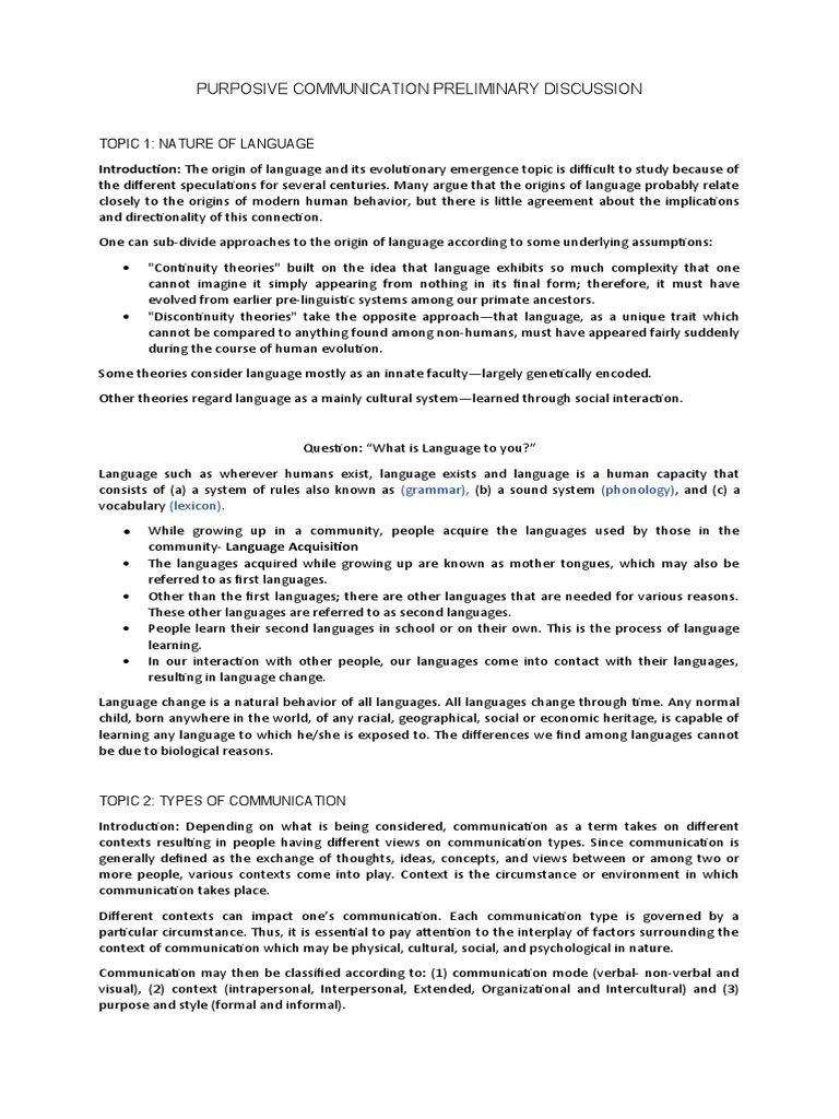 Purposive Communication Preliminary Discussion | PDF | Communication | English Language