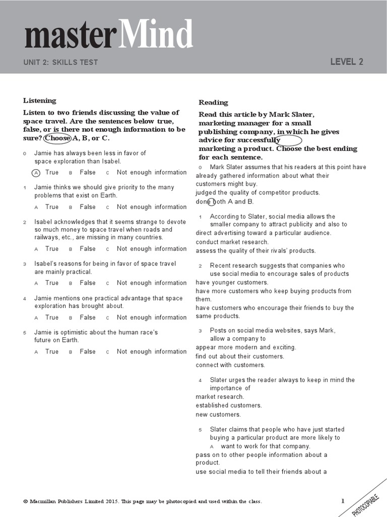 Mastermind 2 Unit 2 Skills Test | PDF | Popular Culture & Media Studies ...