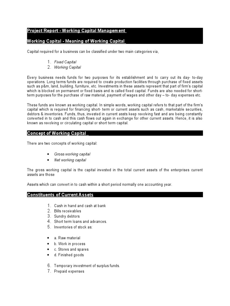 Project Report - Working Capital Management Working Capital - Meaning ...