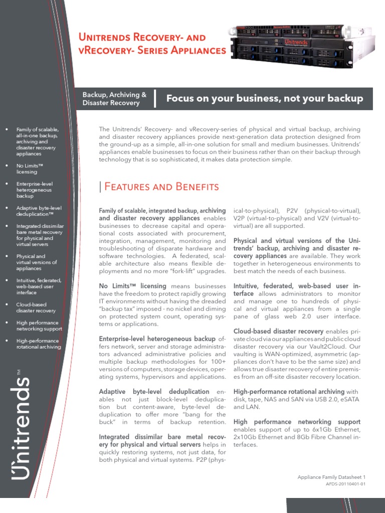 Unitrends' Recovery and vRecovery-Series Appliances | PDF | Backup | System Software