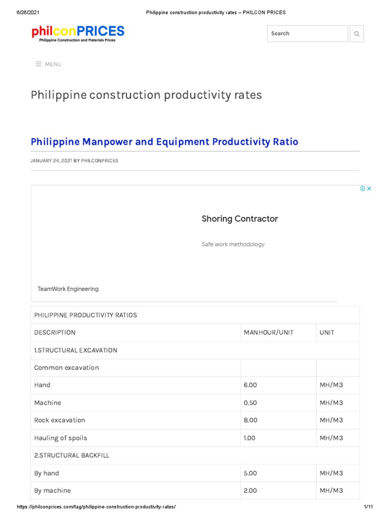 Philippine Construction Productivity Rates PHILCON PRICES | PDF | Wall ...