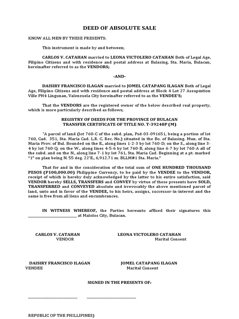 Absolute Sale Deed for Bulacan Property | PDF | Real Estate | Real ...