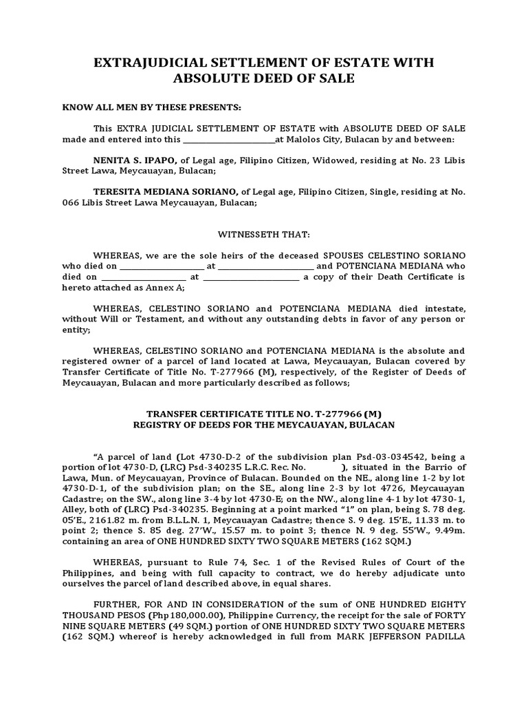 Extrajudicial Settlement of Estate With Absolute Deed of Sale | PDF | Land Law | Environmental Law