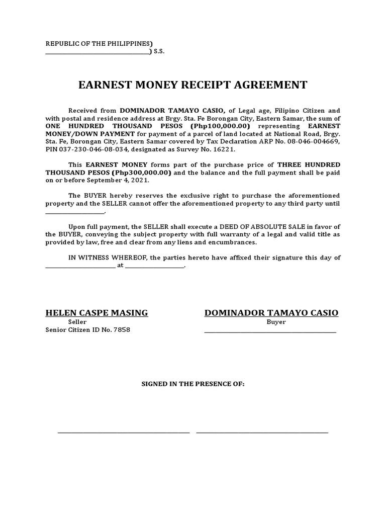Earnest Money Receipt Agreement | PDF | Deed | Private Law
