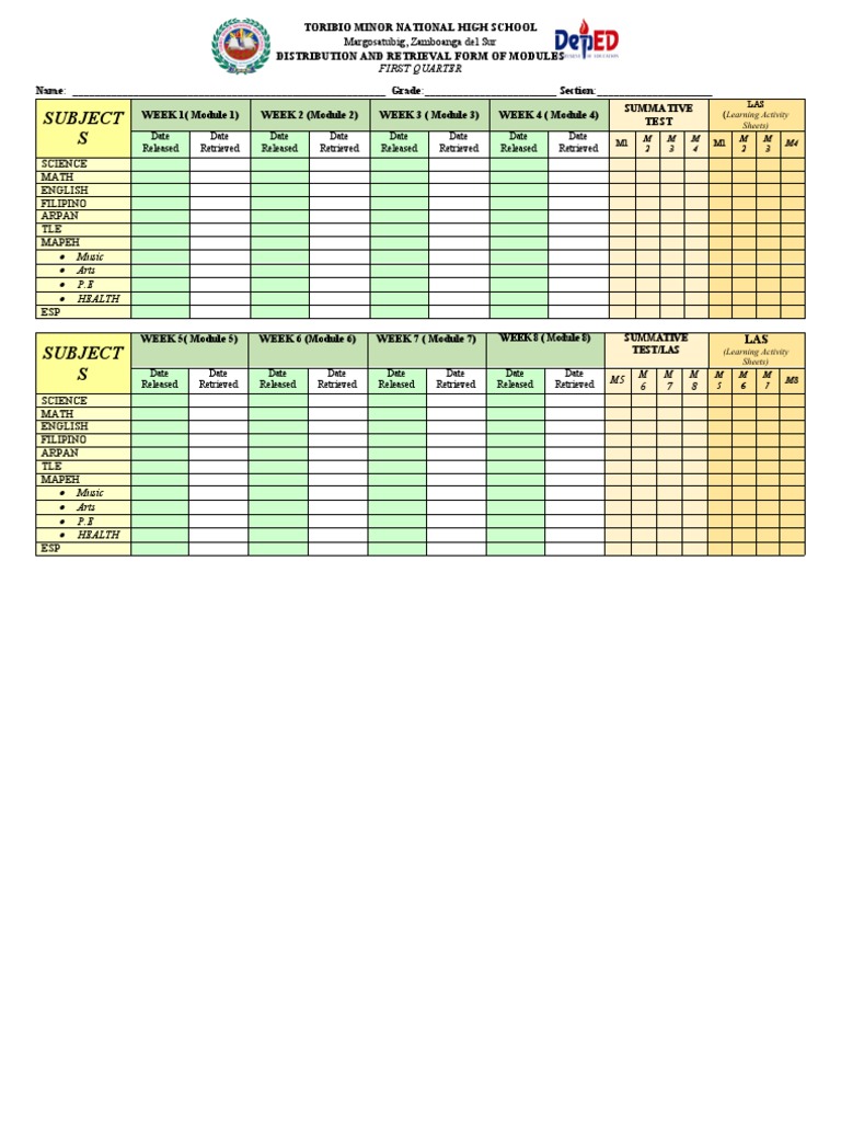 Toribio Minor National High School module distribution form | PDF