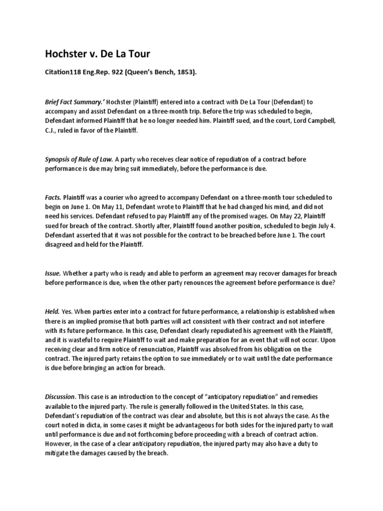 Hochster Vs de La Tour With Discussion | PDF | Breach Of Contract | Lawsuit